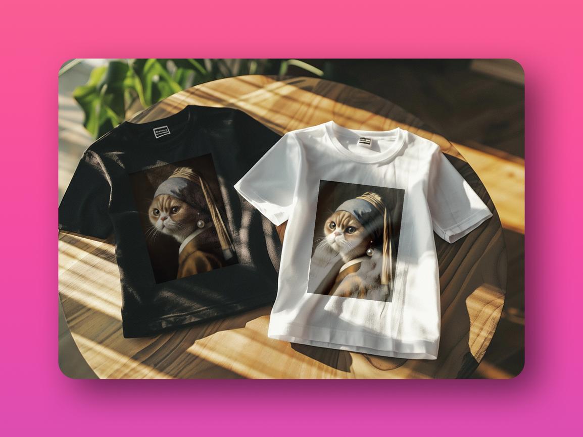 Two shirts with cat art on table